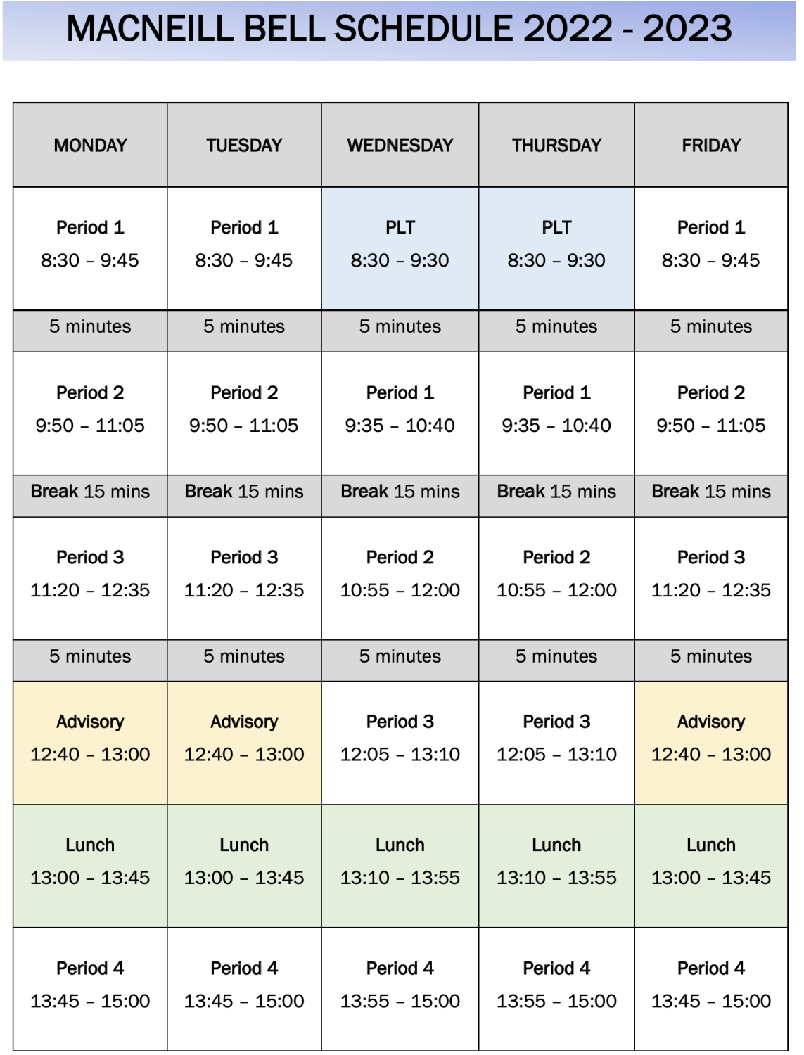 Bell Schedule Sept 2022-2023 | A.R. MacNeill Secondary School